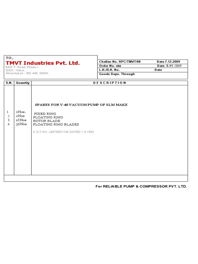 Spare Parts Dispatch Notice | PDF