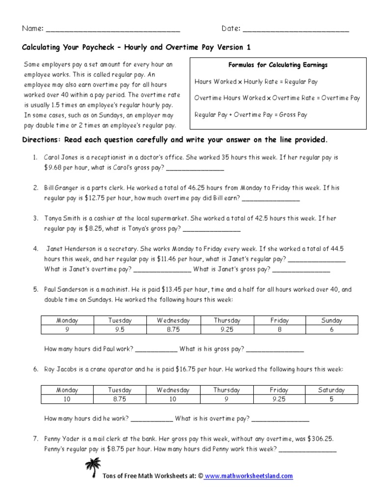 Calculating Your Paycheck - Hourly and Overtime Pay Version 1 | PDF ...