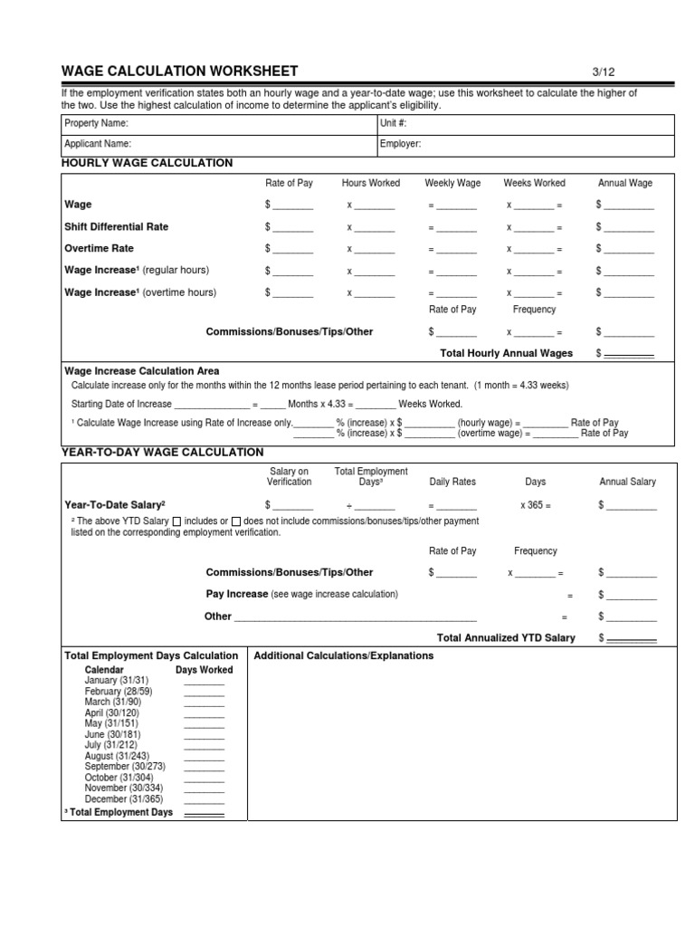 Wage Calculation Worksheet | PDF | Wage | Overtime