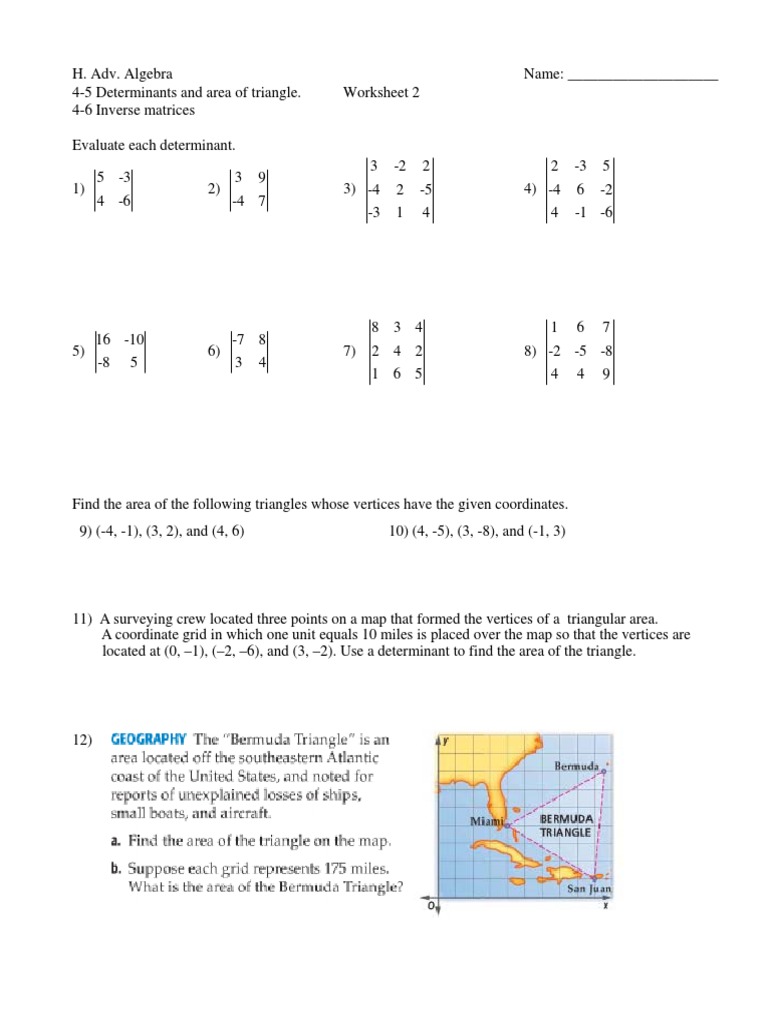 Matrix Determinants Inverses and Triangle Area Worksheet | PDF | Determinant | Mathematical Analysis
