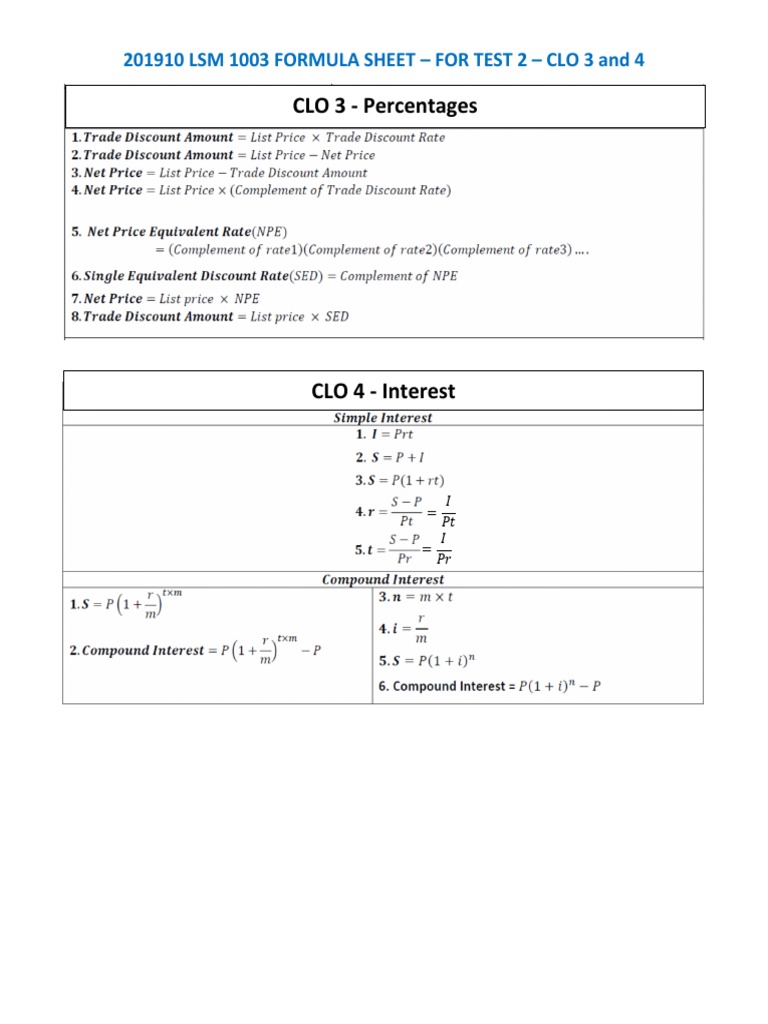 LSM 1003 Formula Sheet For Test 2 | PDF