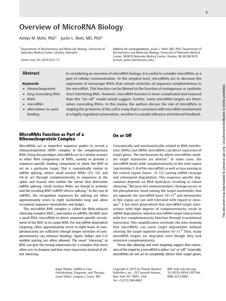 Overview of microRNA Biology | PDF | Micro Rna | Messenger Rna