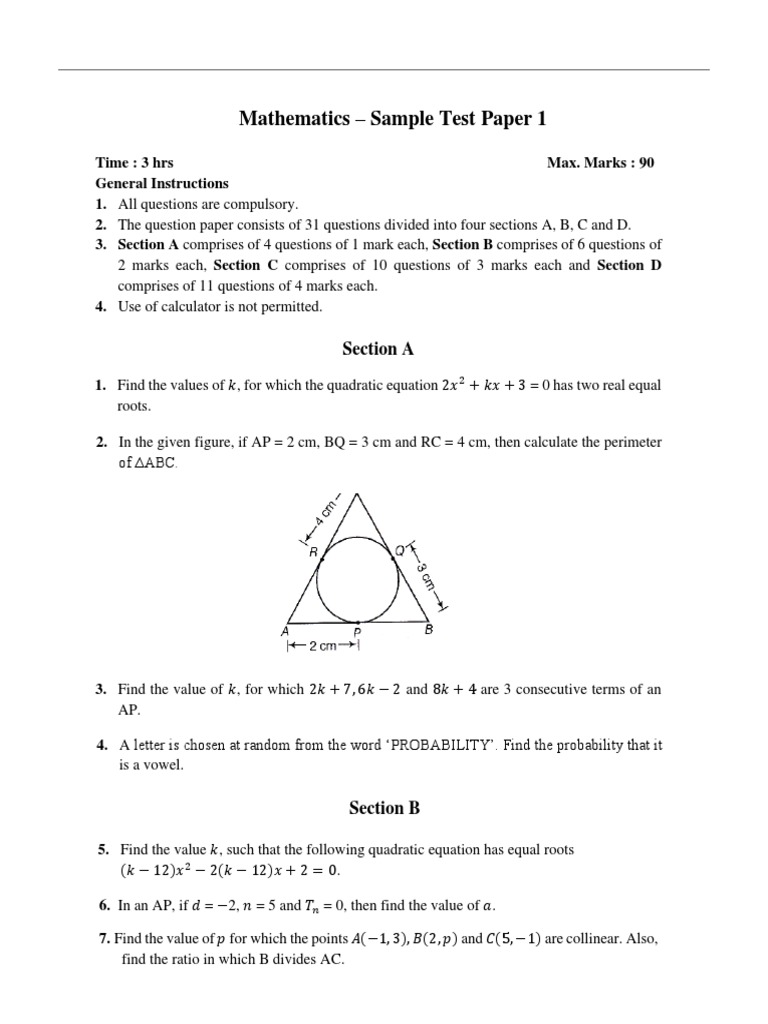 Mathematics - Sample Test Paper 1: Section A | PDF | Circle ...