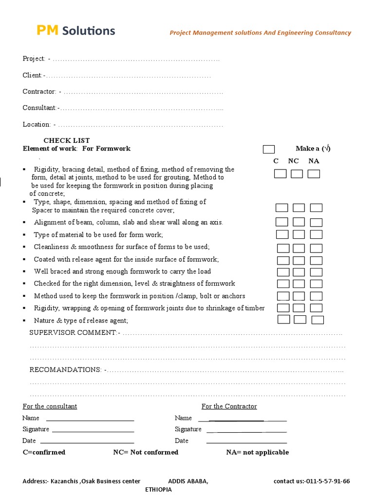 Check List For Form Work | PDF