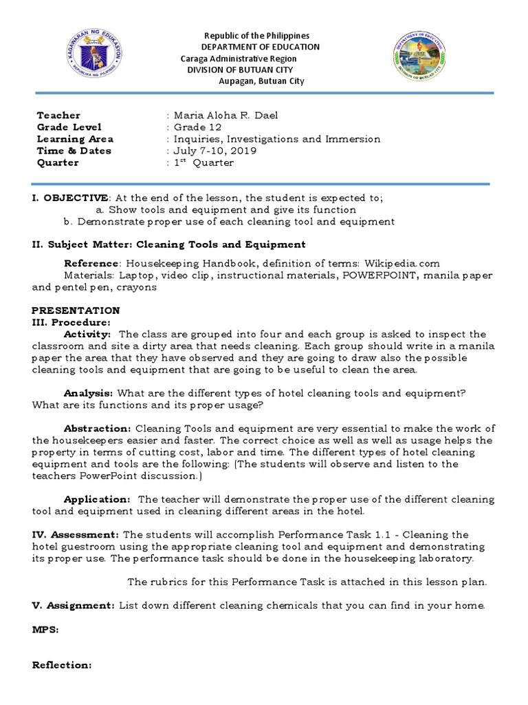LP - 1st Quarter Housekeeping Grade 11 | PDF | Lesson Plan | Tools