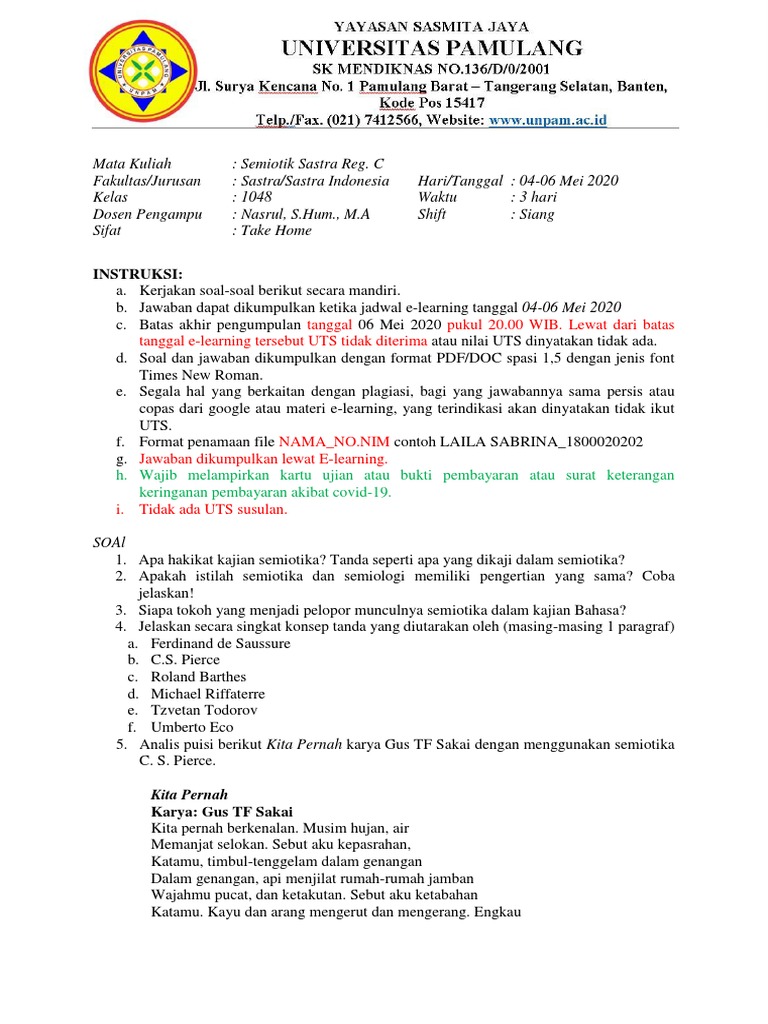 Soal Uts Reg C - Semiotika | PDF
