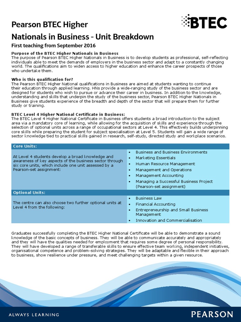 An Overview of the Pearson BTEC Higher National Qualifications in ...