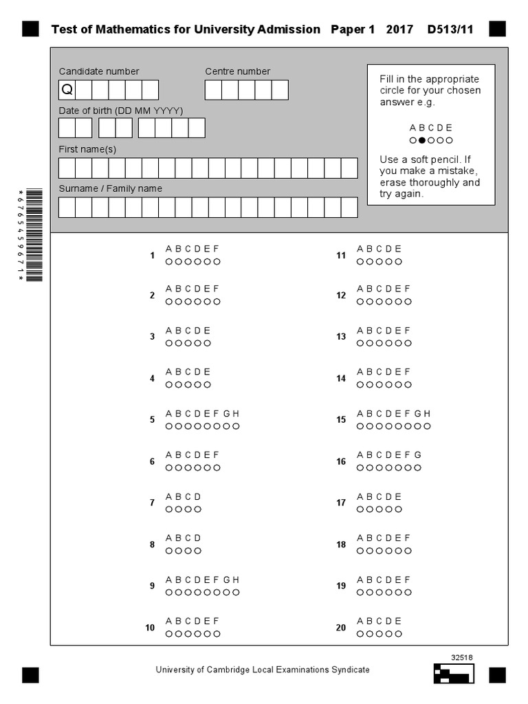 Test of Mathematics For University Admission 2017 Paper 1 Answer Sheet ...
