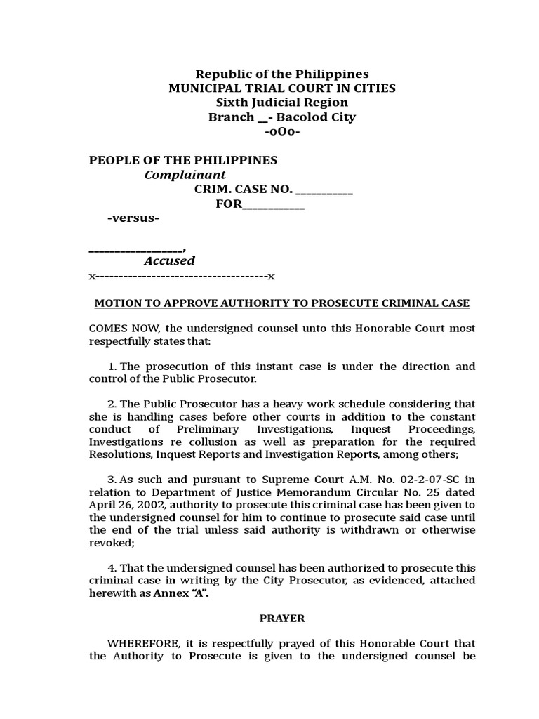 SAMPLE Motion To Approve Authority To Prosecute Crim Case | PDF