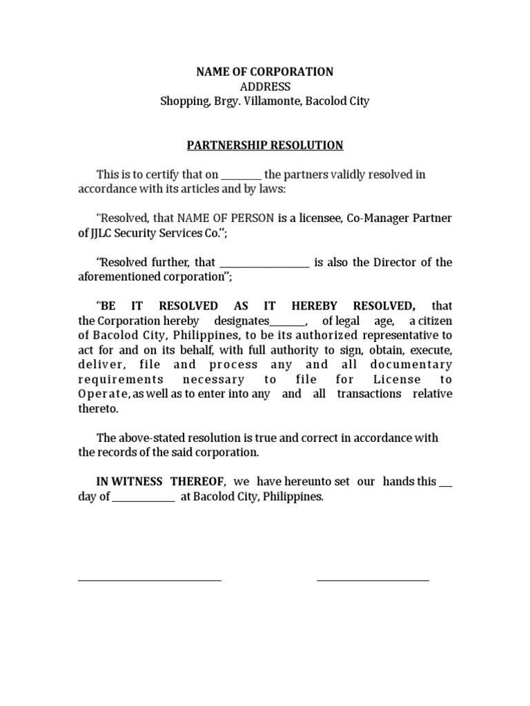 Partnership Resolution Sample Document | PDF