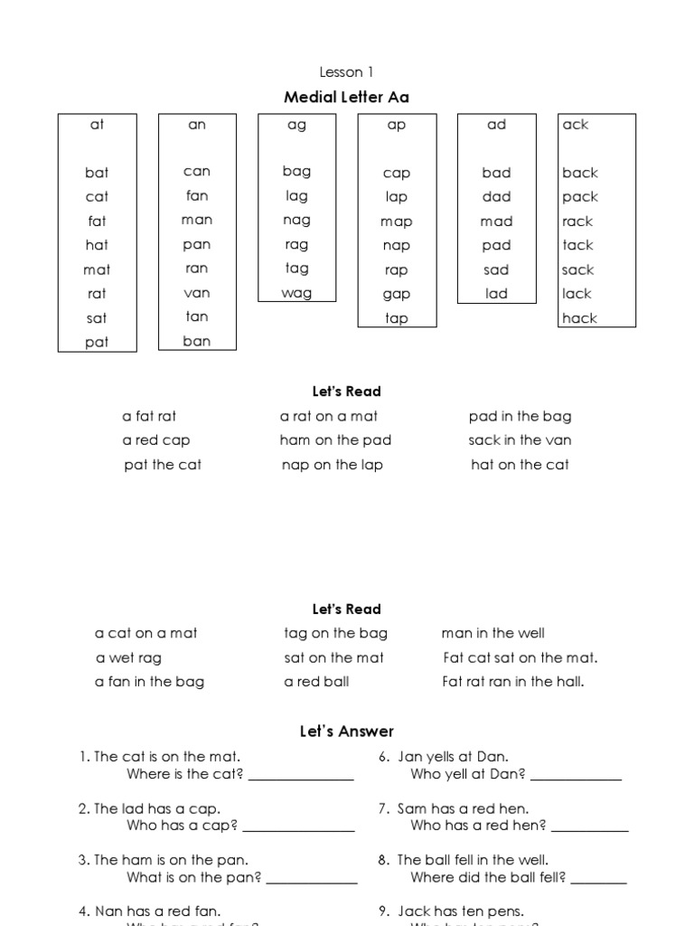 Medial Letter Aa: Let's Read | PDF