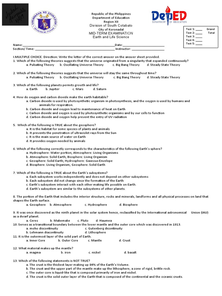 TOS Earth & Life Science - Mid Term Exam | PDF | Plate Tectonics | Rock ...