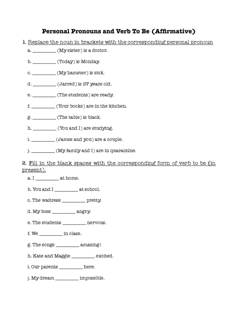 Personal Pronouns + Verb To Be (Affirmative) | PDF