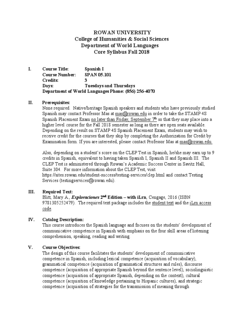 Rowan University College of Humanities & Social Sciences Department of World Languages Core ...