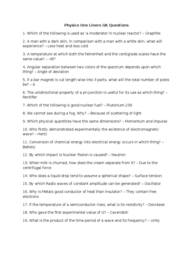 Physics One Liners GK Questions | PDF