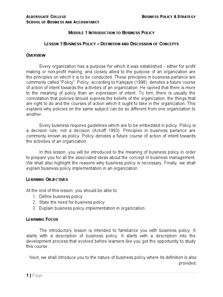 Module 1 Introduction To Business Policy | PDF | Strategic Management ...