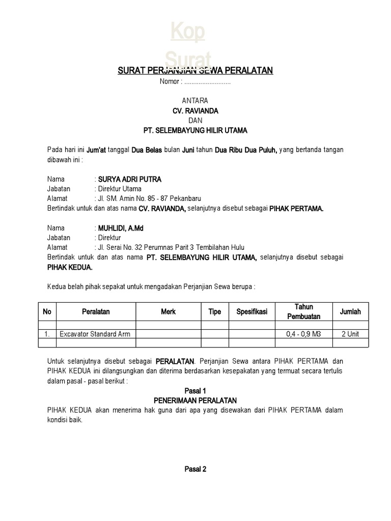 CONTOH SURAT PERJANJIAN SEWA PERALATAN - Excavator-1 | PDF