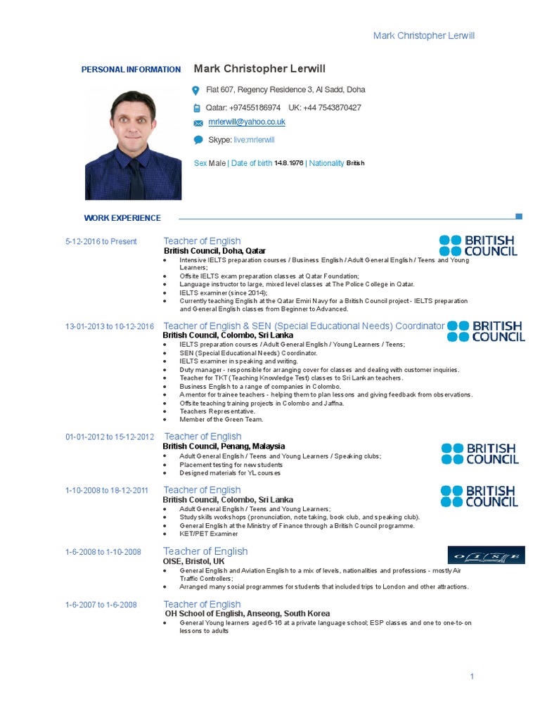 British Council CV of Mark Lerwill | PDF | English As A Second Or ...