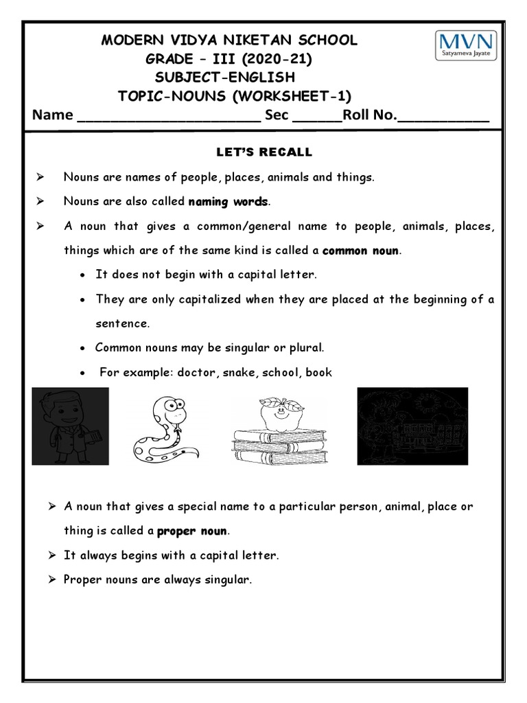 Grade 3 (2020-21) Nouns Worksheet 1 | PDF