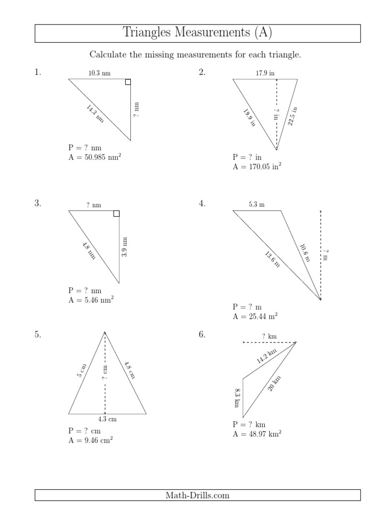 Triangles Measurements (A) : Calculate The Missing Measurements For ...