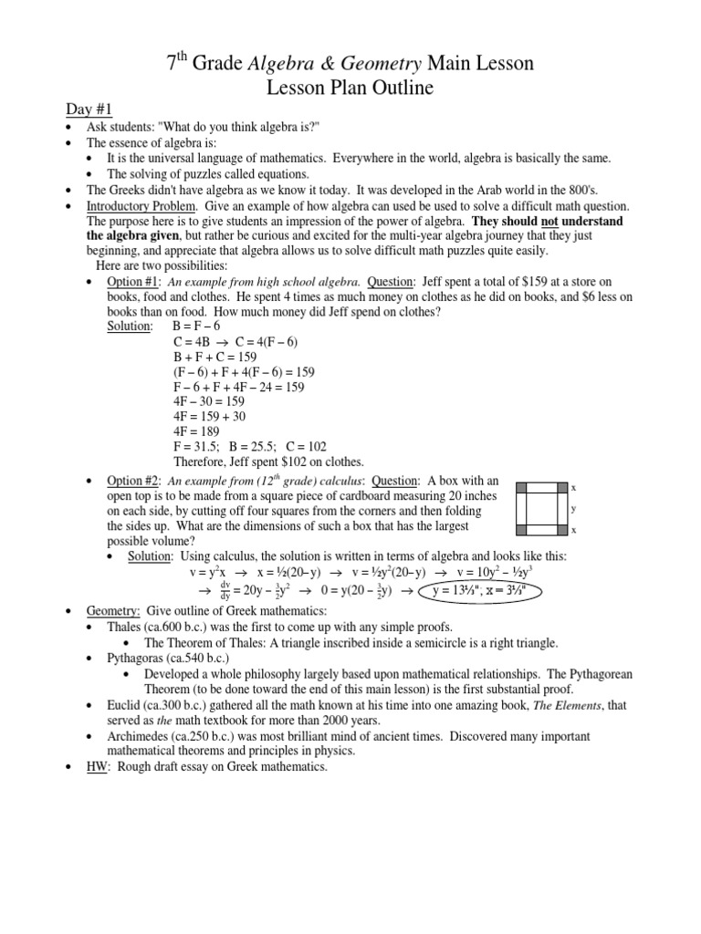 7 Grade Algebra & Geometry Main Lesson Lesson Plan Outline | PDF ...