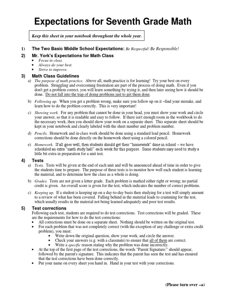 7th Grade Class Expectations 2014 | PDF | Test (Assessment) | Teaching