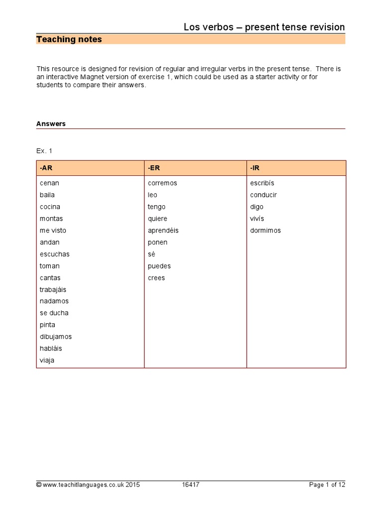 Los Verbos Present Tense Revision and Practice | PDF | Verbo