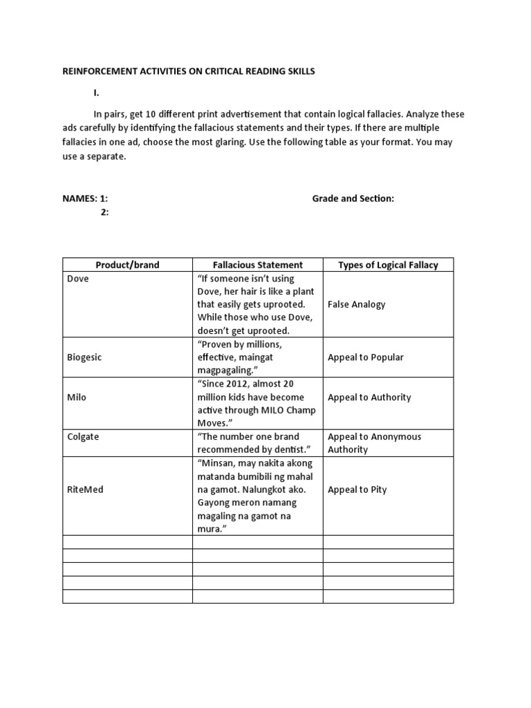 Reinforcement Activities On Critical Reading Skills I | PDF