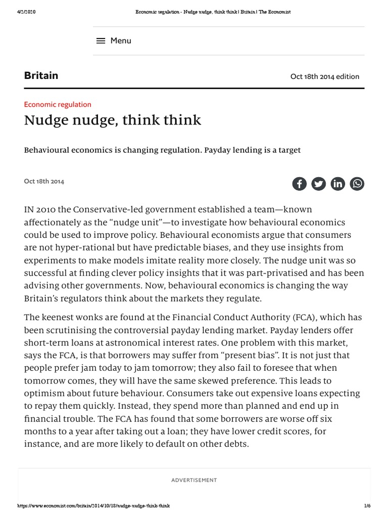 Nudge Nudge Think Think Britain The Economist PDF | PDF | Payday Loan ...
