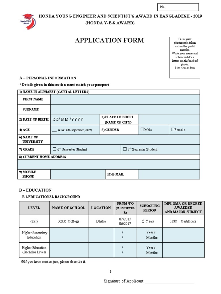 Application Form: Honda Young Engineer and Scientist'S Award in ...