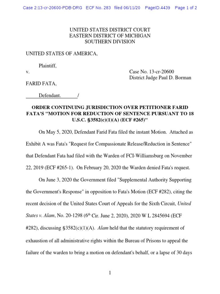 Fata's Sentence Reduction Motion Order | PDF | United States District ...