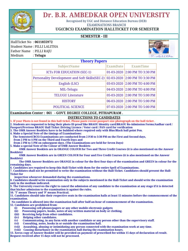 BRAOU Examination Registration | PDF | Course Credit | Government And ...