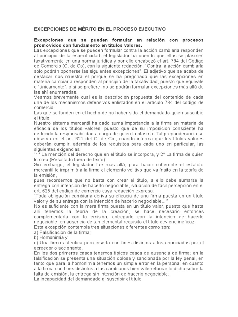 Excepciones de Mérito en El Proceso Ejecutivo | PDF | Cheque | Pagaré