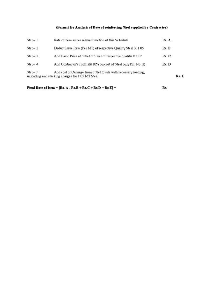 Format For Analysis of Rate of Reinforcing Steel Supplied by Contractor ...