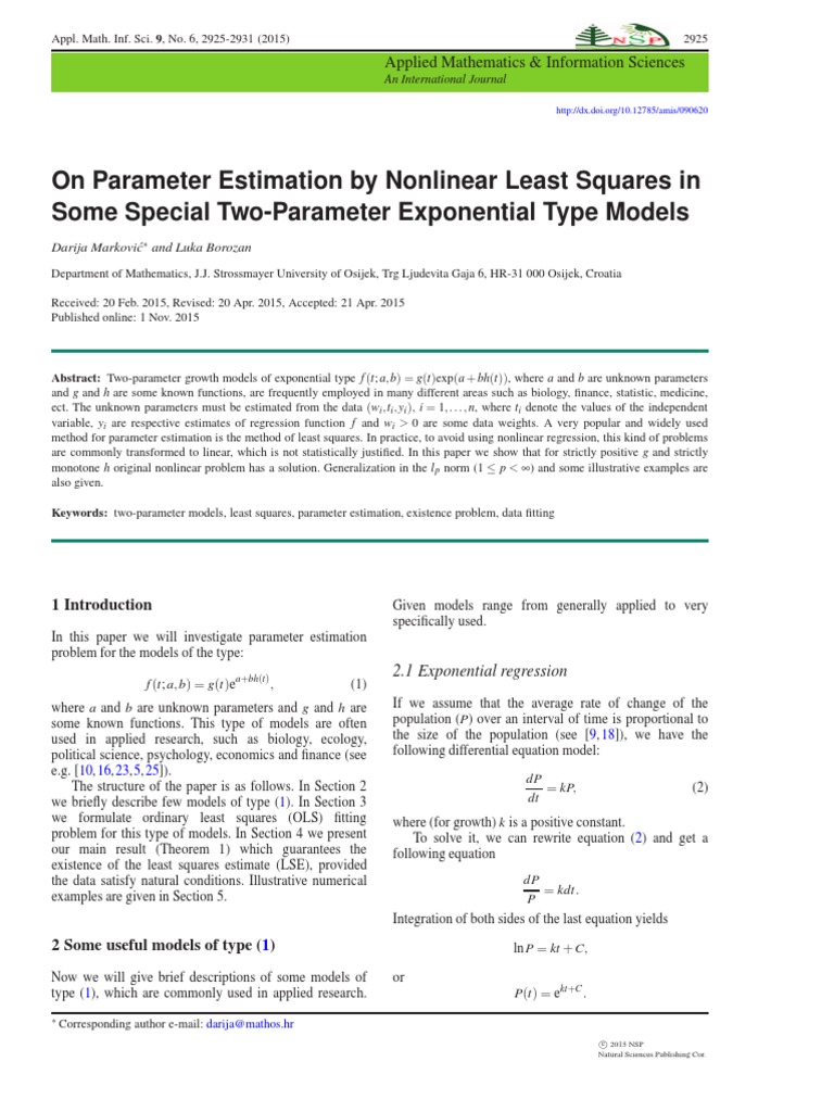 On Parameter Estimation by Nonlinear Least Squares in Some Special Two-Parameter Exponential ...