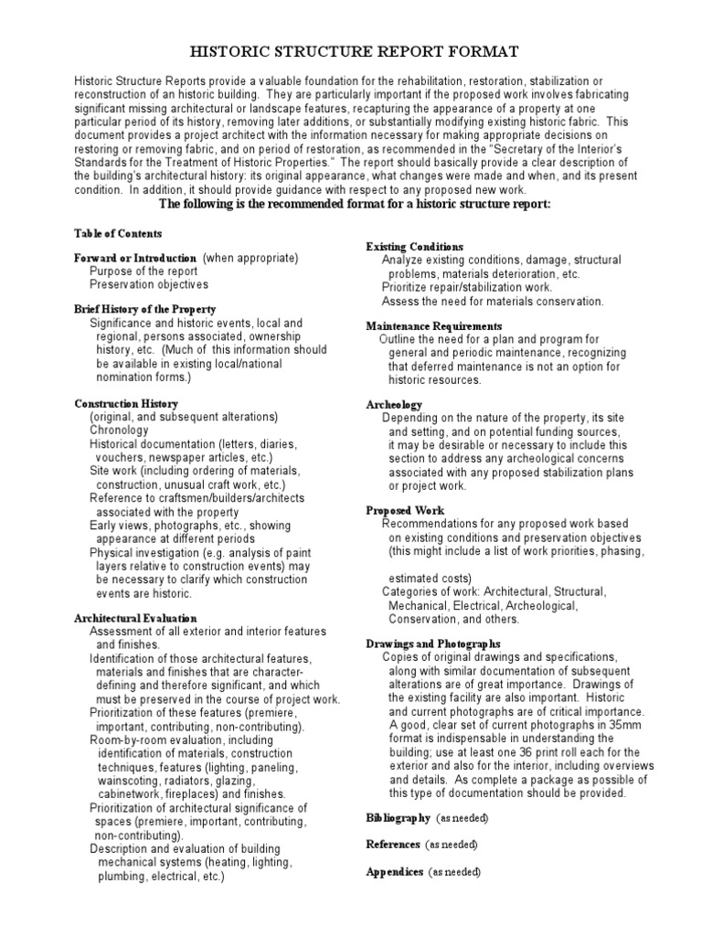 Historic Structure Report Format PDF | PDF | Preservation (Library And ...