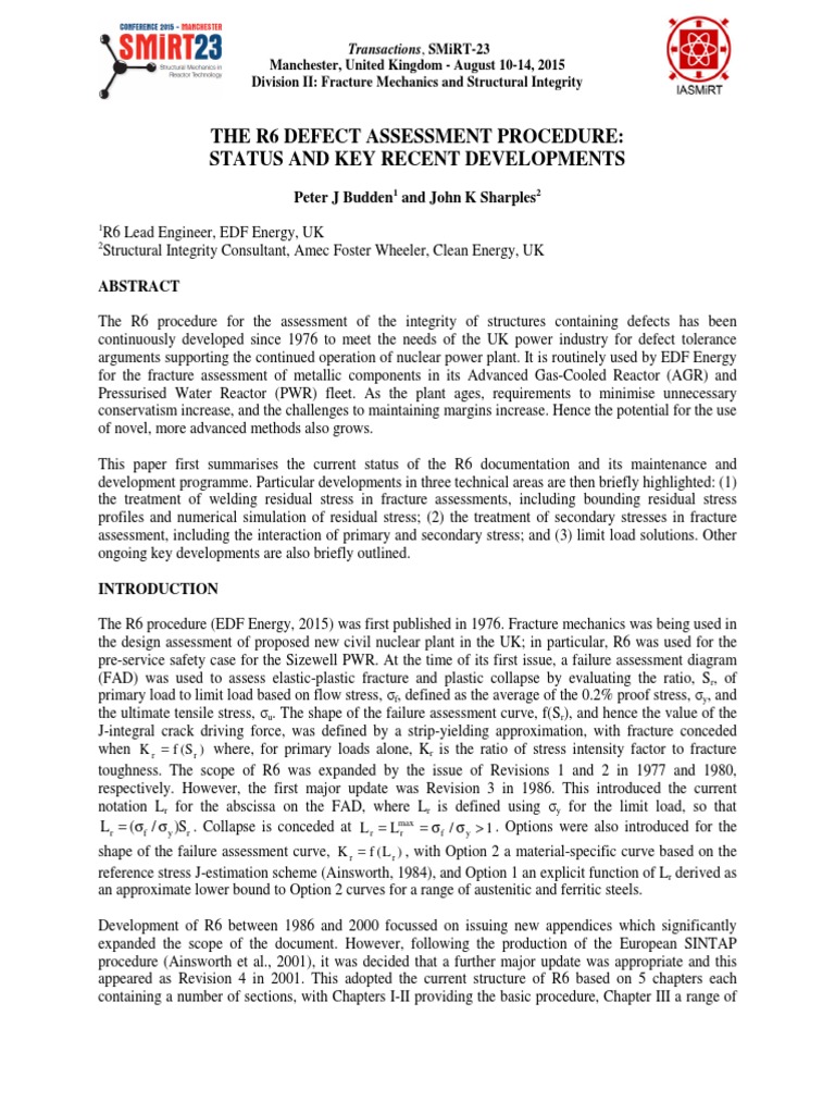 The R6 Defect Assessment Procedure: Status and Key Recent Developments ...