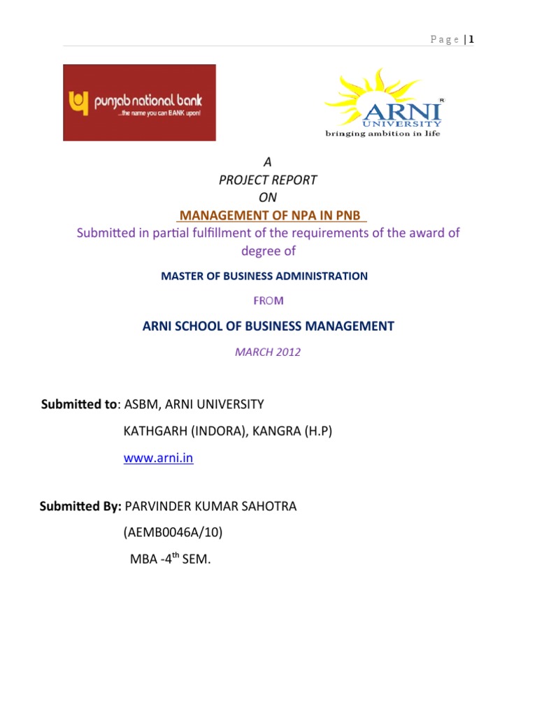 Cmplete NPA Project by P K | PDF | Reserve Bank Of India | Banks