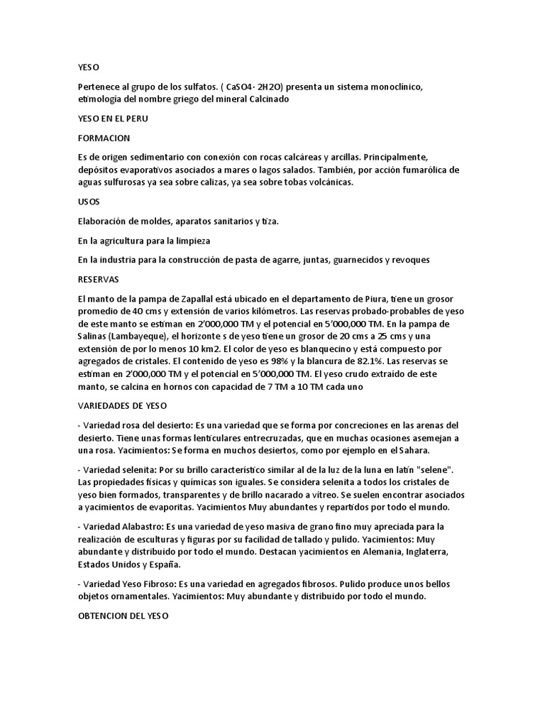 Usos y reservas de yeso en Perú | PDF | Yeso | Minerales