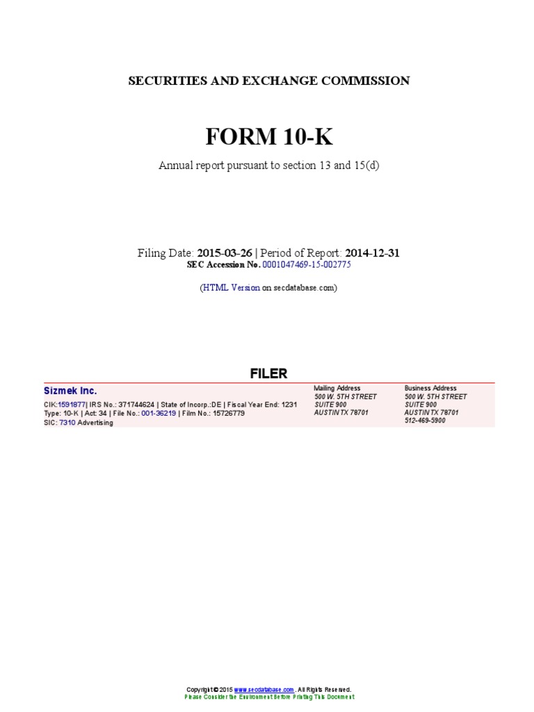 FORM 10-K: Securities and Exchange Commission | PDF | Form 10 K ...