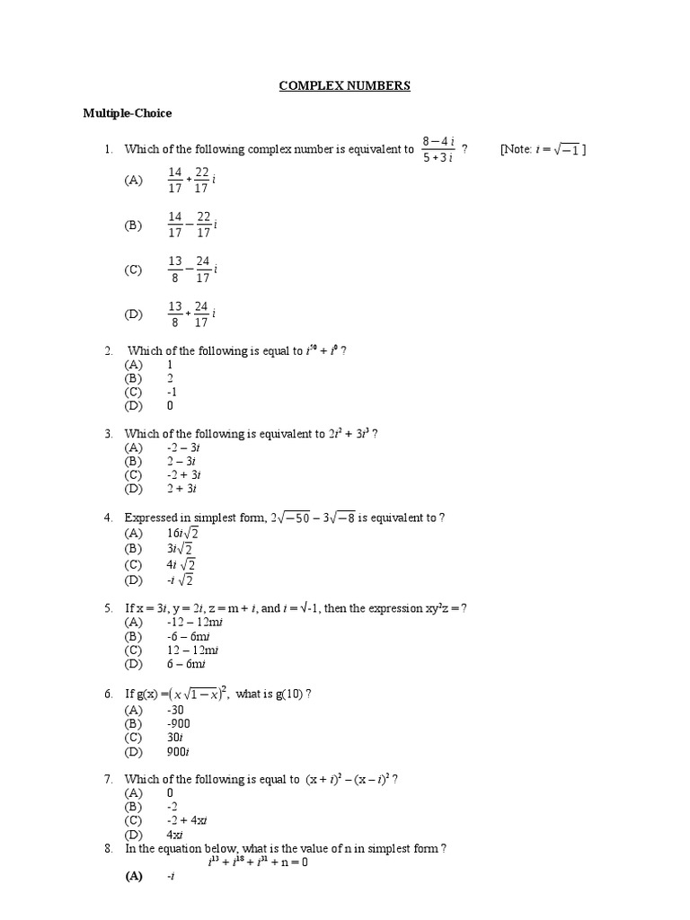 Complex Numbers Multiple-Choice | PDF | Electrical Impedance ...