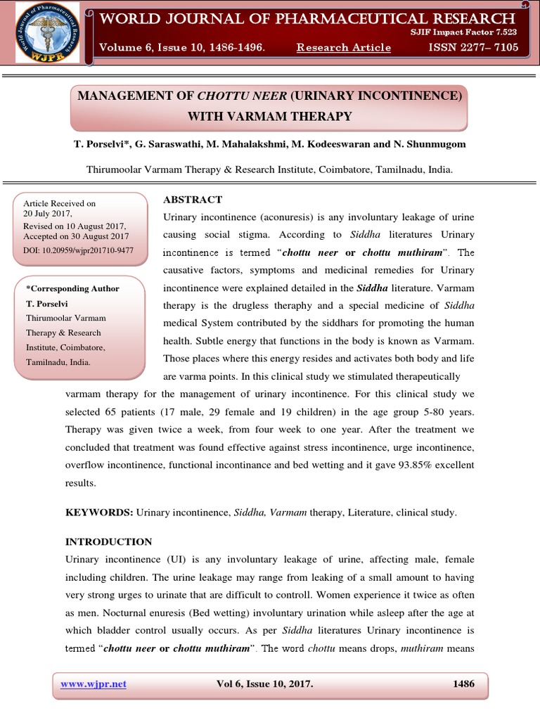 Management of Chottu Neer (Urinary Incontinence) With Varmam Therapy ...