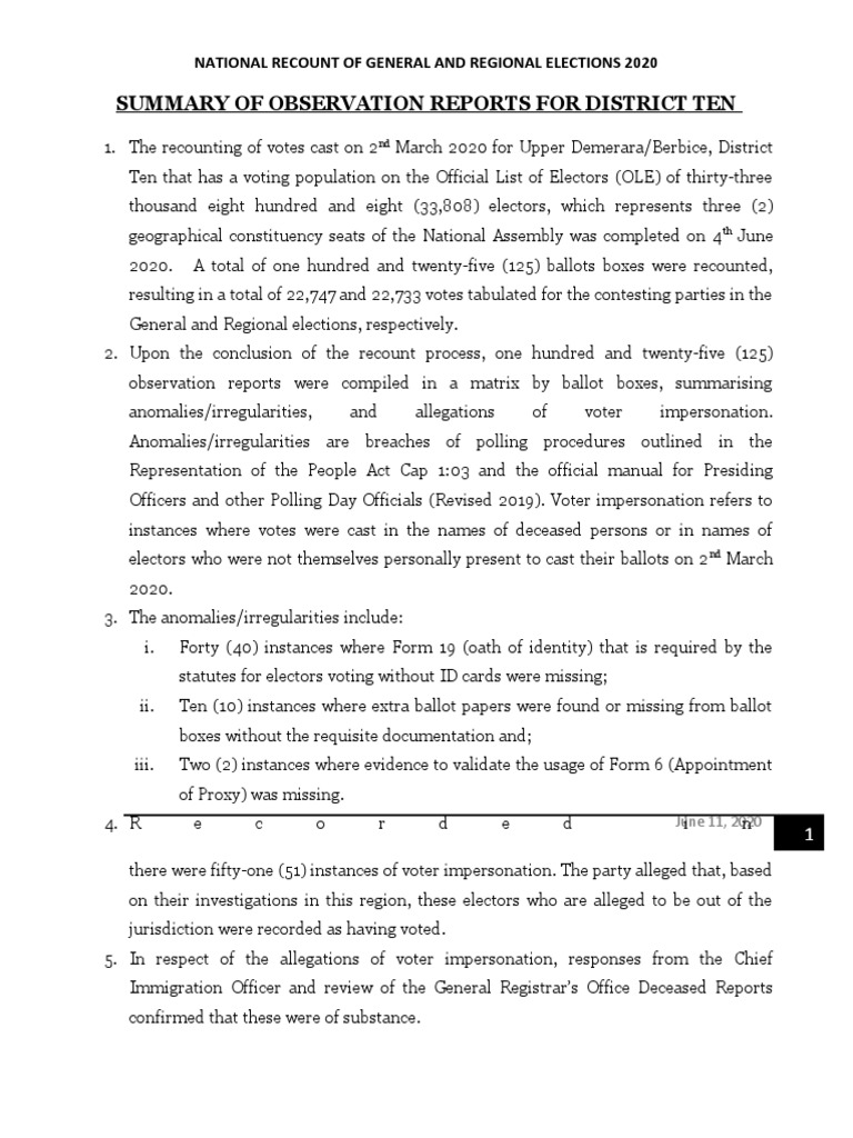 Summary of Observation Reports District 10 | PDF | Voting | Ballot