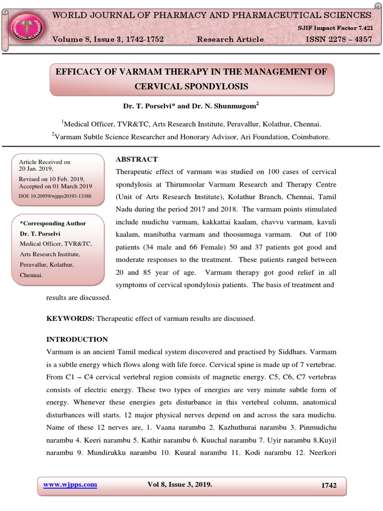 Efficacy of Varmam Therapy in The Management of Cervical Spondylosis ...