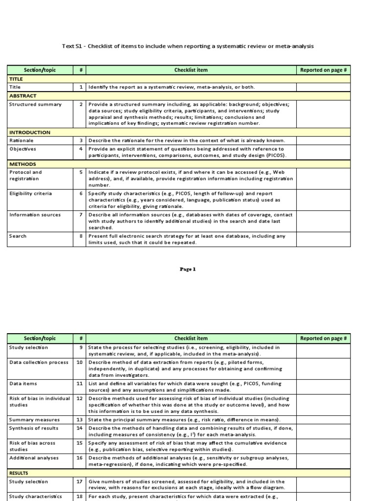 Text S1 - Checklist of Items To Include When Reporting A Systematic ...