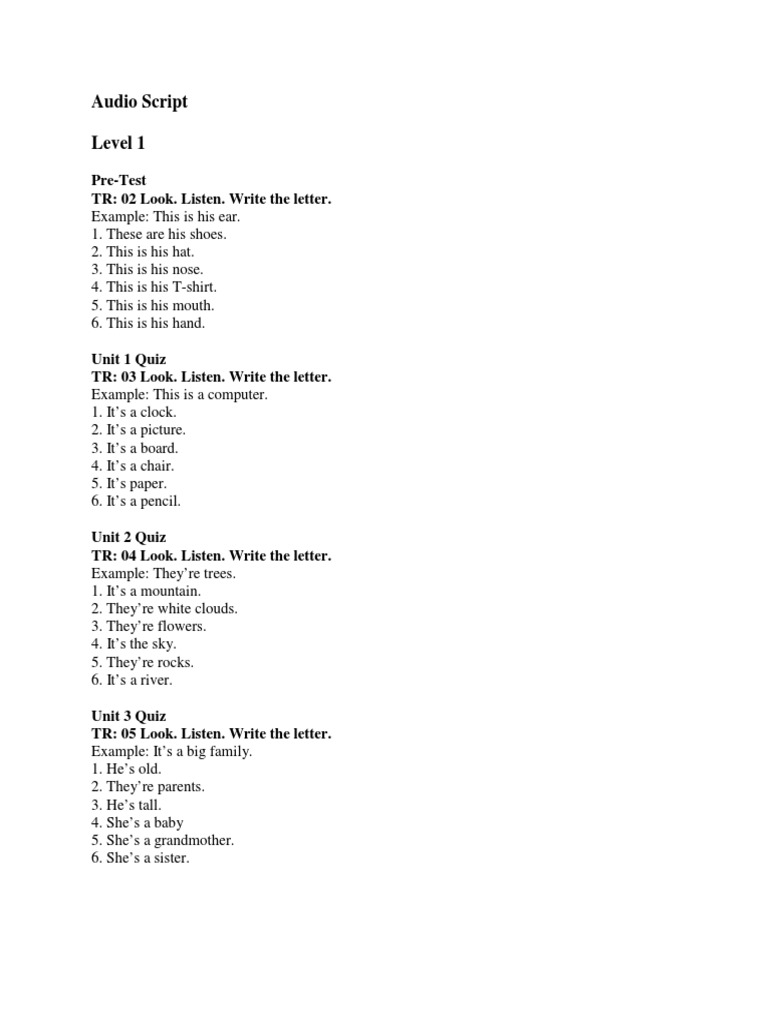 Audio Script Level 1: Pre-Test TR: 02 Look. Listen. Write The Letter ...