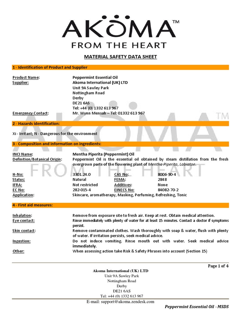 Peppermint Essential Oil MSDS Overview | PDF | Personal Protective ...