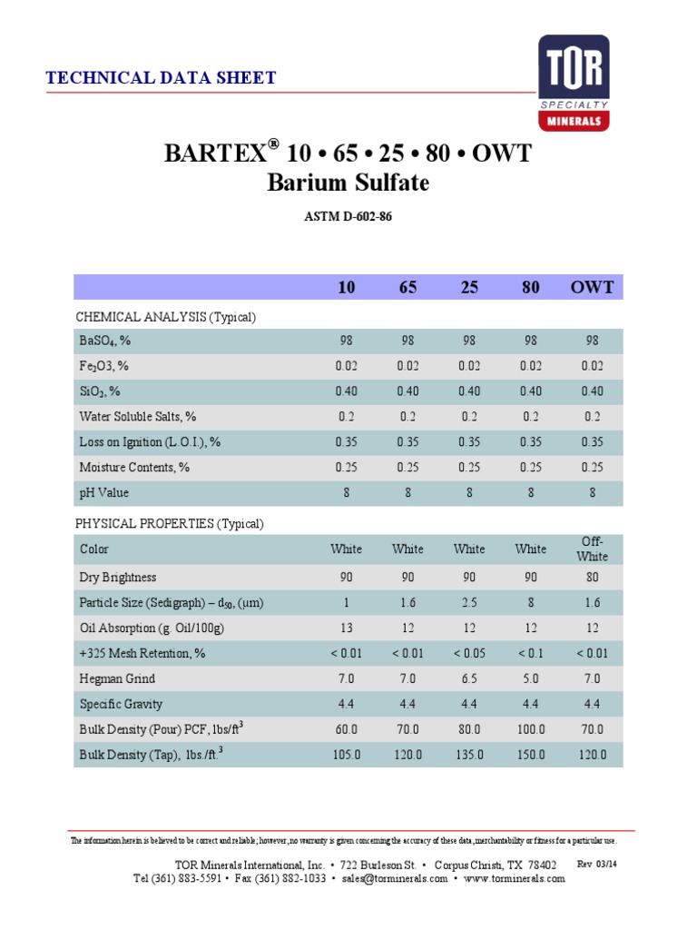 Bartex 10 - 65 - 25 - 80 - OWT Barium Sulfate: Technical Data Sheet | PDF | Chemical Compounds ...