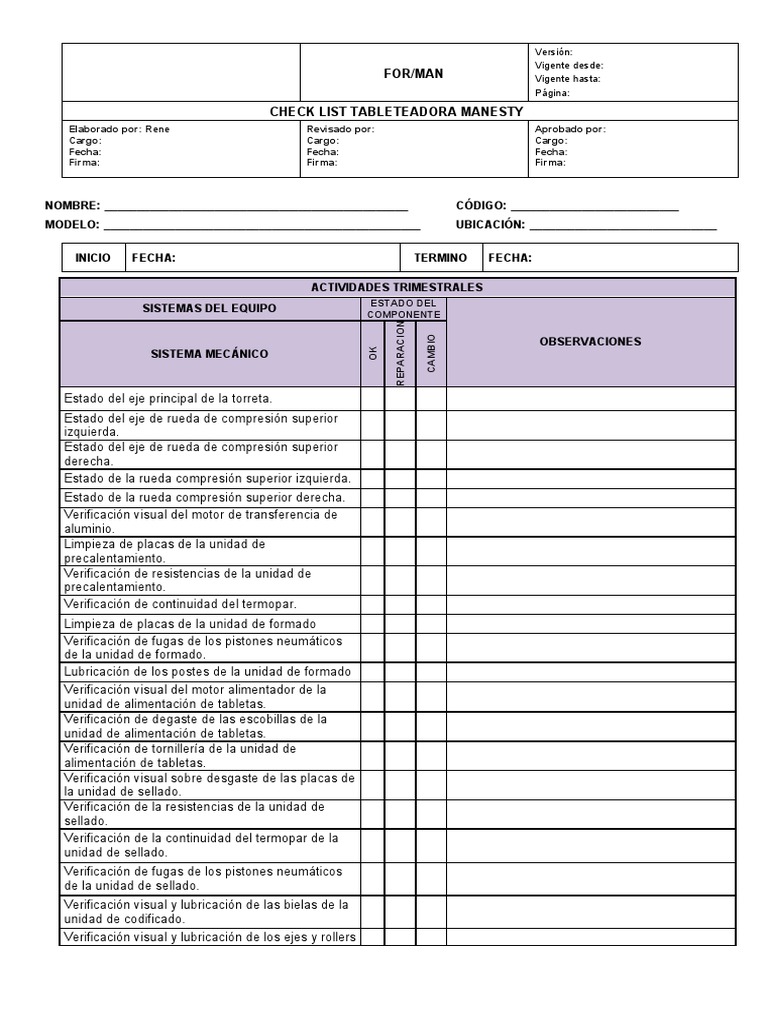 Check List Tab Manesty | PDF | Eje | Vehículos