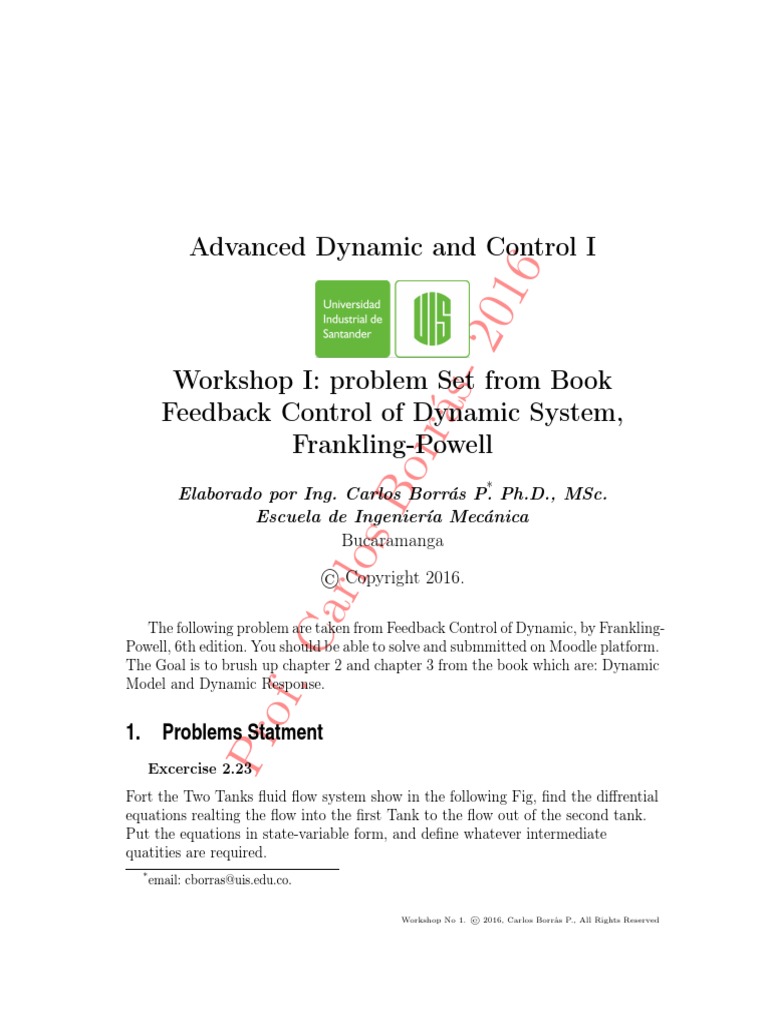 Advanced Dynamic and Control I: 1. Problems Statment | PDF | Control ...